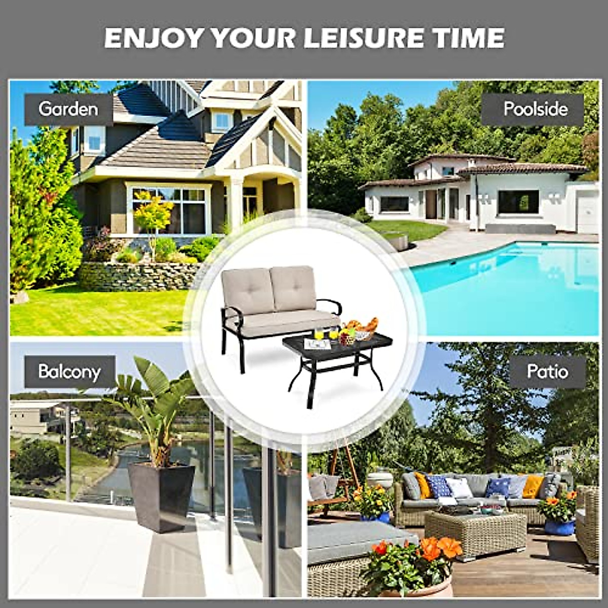 Giantex Patio Loveseat with Coffee Table Outdoor Bench with Cushion and Metal Frame, Loveseat Porch Furniture Set Sofa for Garden, Yard, Patio or Poolside (Light Beige & Black)