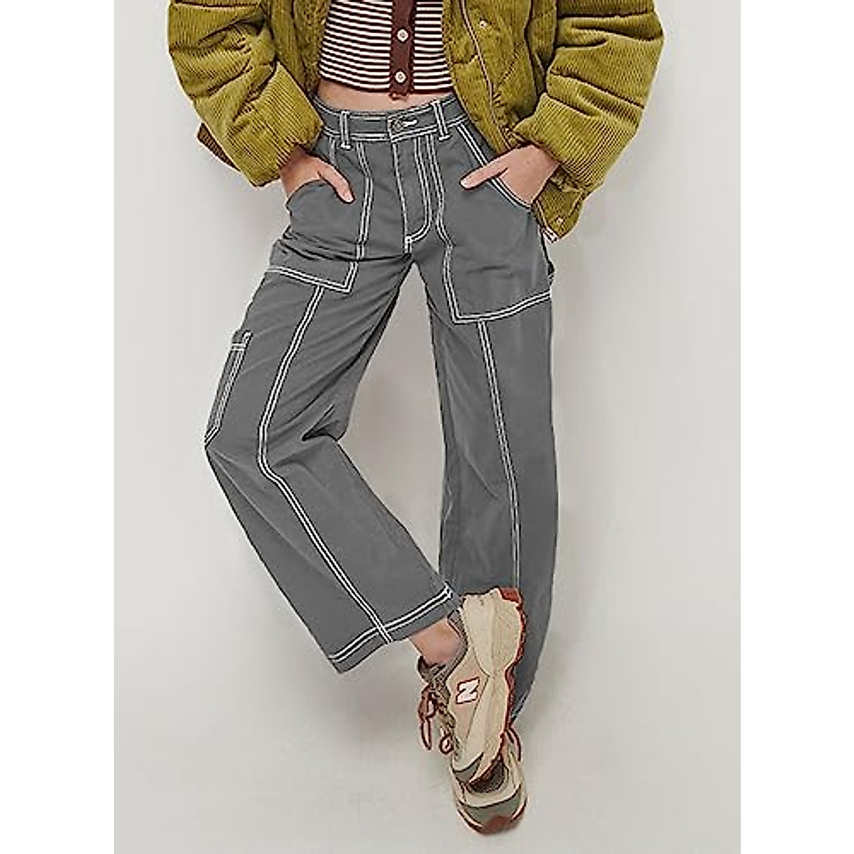 EVALESS Cargo Pants Women Baggy Casual High Waist Wide Leg Pants Fashion 2023 Y2K Street Contrast Stitching 5 Pockets Combat Military Trousers Gray US 6