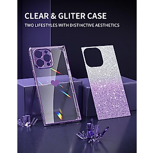 Tzomsze for iPhone 14 Pro Max Case Square [2 in 1] Clear &Glitter Cute Heart Pattern,Full Lens Protection & Electroplate Reinforced Corners Shockproof Edge Bumper Case [6.7 inches] -Purple