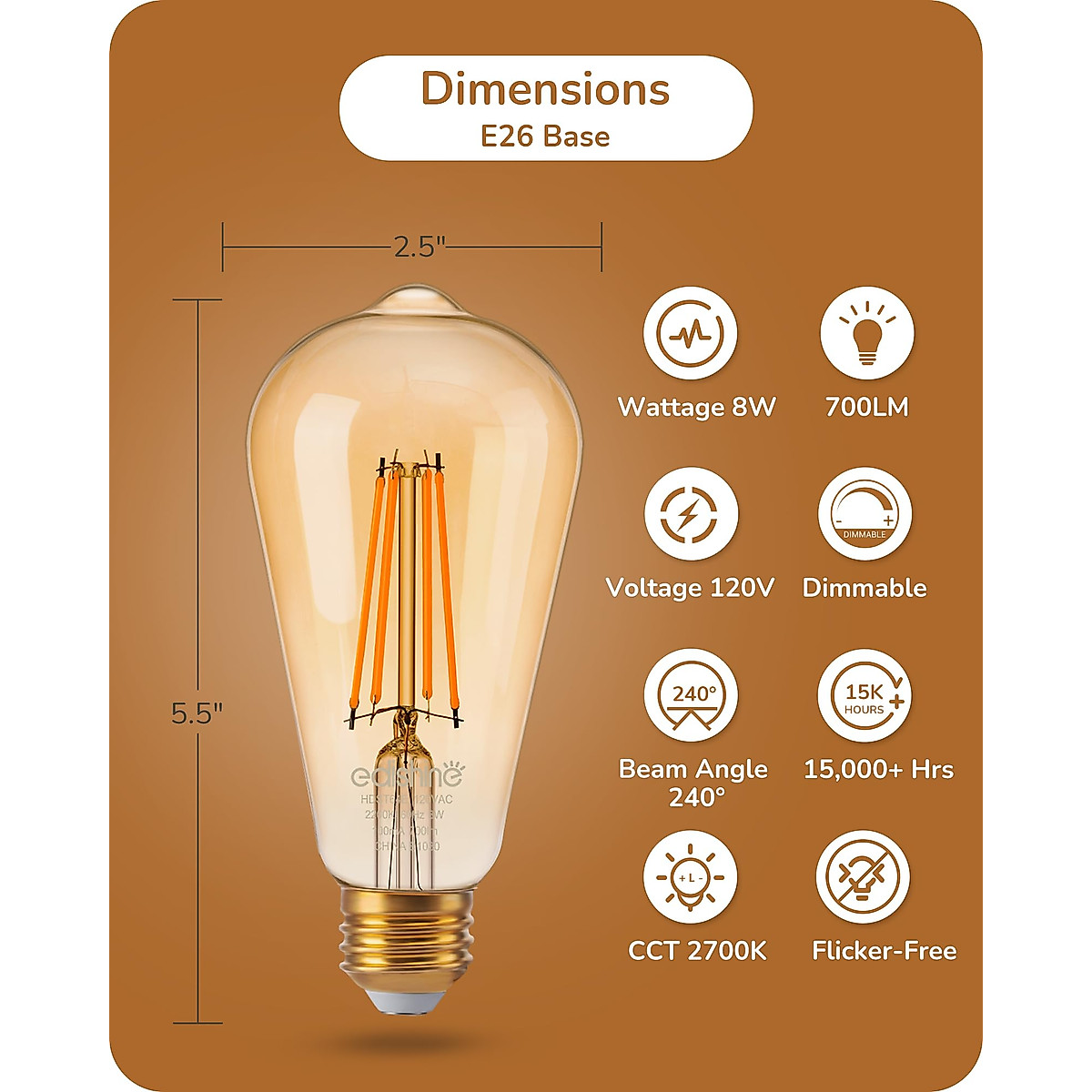 EDISHINE 6 Pack Vintage LED Edison Bulbs 8W Equivalent 60W, ST64 Dimmable Led Light Bulbs, 700LM 2200K Amber Warm Light E26, Decorative Antique LED Filament Bulbs for Home and Commercial, UL Listed