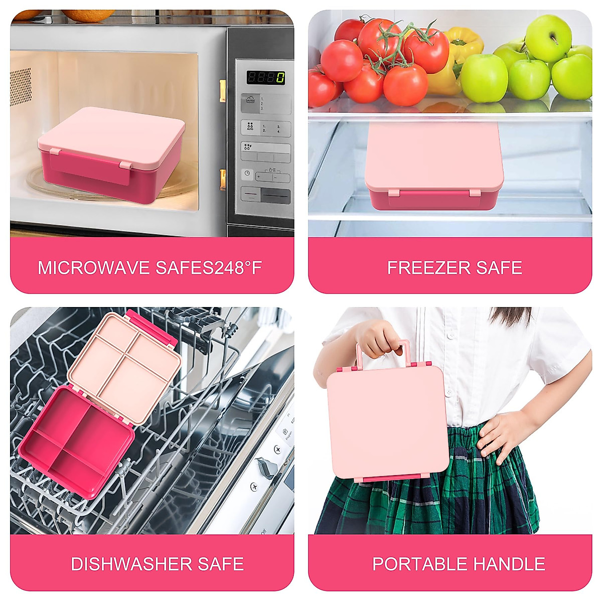 Kids Bento Lunch Box with 8oz Soup Thermo, Water Bottle, Kids Leakproof Lunch Food Containers with 4 Compartment, Kids Insulated Hot Food Jar with Lunch Bag for School, Trvael (Pink)