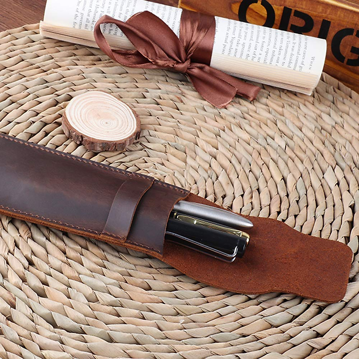 Daimay Leather Pen Case Holder Handmade Fountain Multi Pens Pouch Crazy Horse Leather Pen Protective Sleeve Cover – Brown