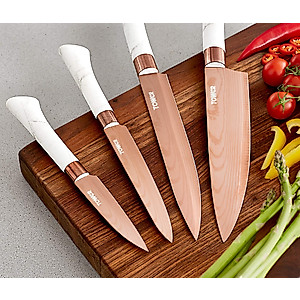 Tower T81534WR Kitchen Knife Set with Acrylic Knife Block, Stainless Steel with Soft Touch Handles, White Marble and Rose Gold, 5 Piece