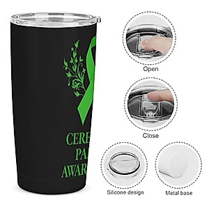Cerebral Palsy Awareness Green 20 OZ Stainless Steel Tumbler Travel Car Coffee Mug with Straw Lid Cleaning Brush Coffee Tumbler Mug for Women Men