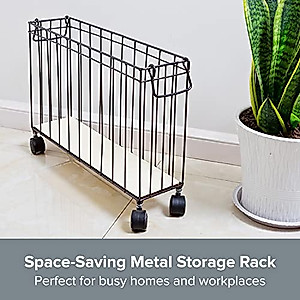 Metal Rack Storage Organizer - Wire Basket File Organizer - Magazine Holder - Metal Wire Rack Caddy w/ Wheels & Removable Liner - Slim Small Basket Storage Container, 19.7x5x13.8” Black Wire Basket