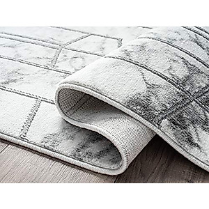 Abani Geometric Linear 5'3" x 7'6" (5x8) Rugs Living Room Area Rug - Modern Non-Shedding Marble White & Silver Abstract Lines Carpet