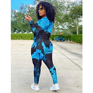 KANSOON Women Jogging Suit Set Textured 2 Piece Outfit Long Sleeve Zipper Jacket + Bodycon Pants Track Suits Sets Blue Black L
