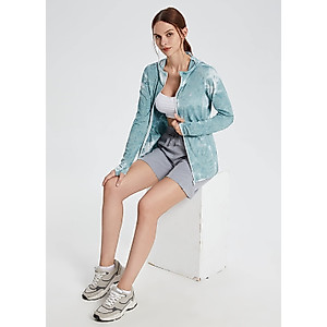 BALEAF Women's Full Zip Quick Dry Lightweight Hooded Shirts Sun Block Long Sleeve Thumb Holes Cooling Jackets Beach Shirts with Zip Pockets Dye Blue M