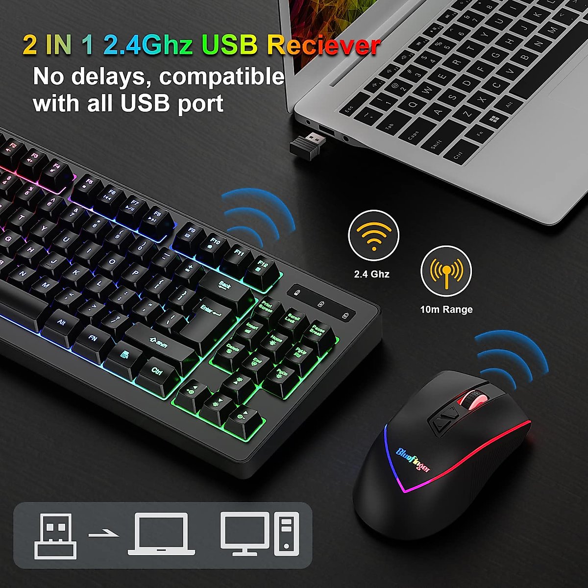 BlueFinger Wireless Gaming Keyboard and Mouse Combo, Long Lasting Rechargeable Battery 87 Keys RGB Rainbow Backlit Gaming Keyboard & Ergonomic Light Up Gaming Mice for Mac Laptop Computer PC Gamer