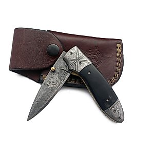 WolfKlinge Handmade Damascus Folding Pocket Bowie Knife For EDC,Hunting,Survival,Camping,Fishing Skinning and Bushcraft with Full Tang Micarta Handel and Cowhide-Leather Sheath For Men and Women - DCF21-25