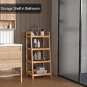 Purbambo 4 Tier Bamboo Ladder Shelf, Book Shelf Bookcase, Multifunctional Floor Freestanding Storage Rack, Plants Display Stand for Bathroom, Kitchen, Living Room