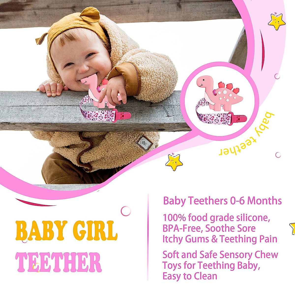 BIGSPINACH 1 Soft Dinosaur Teether for Babies and 1 Baby Pacifier Clip, Valentines Day Gifts for Baby Girl Boy,Silicone Chew Toys for Baby (Grey Dinosaur)