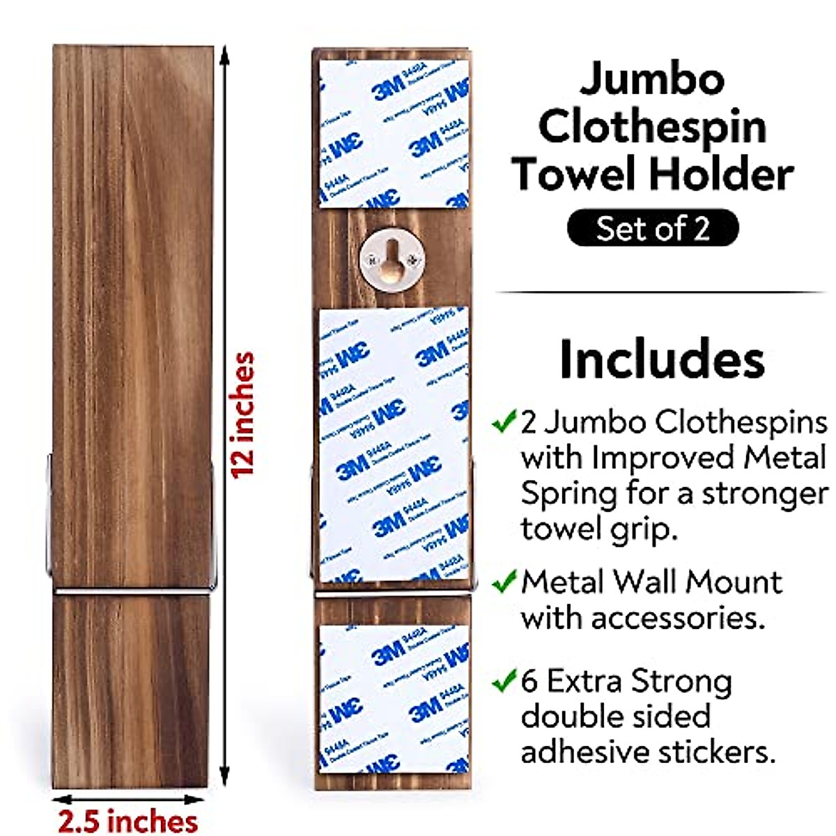 Jumbo Clothespin Bathroom Towel Holder - 2 Pieces Giant Clothespins 12 Inch - Wooden Towel Racks for Bathroom Wall Mounted and Adhesive - Rustic Towel Rack - Farmhouse Towel Holder Laundry Decor