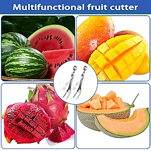 Tyqour 2pcs Stainless Steel Watermelon Fork Slicer 3-in-1double Head Portable Fruit Cutter Watermelon Cutter Tool, Fruit Fork Cut Watermelon for Family Parties Camping Kitchen Gadget