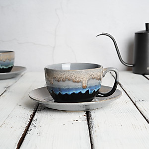 Bosmarlin Ceramic Cappuccino Cup and Saucer Set of 2, 10 Oz, Dishwasher and Microwave Safe, Coffee Cups for Latte, Espresso, Tea, Reavtive Glaze (Grey, 10 oz)