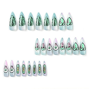Halloween Stiletto Press on Nails Medium，Green Fake Nails Gradient False Nails with Eyeball Love Wound Lips Tongue Brain Styptic Halloween Designs Acrylic Nails Glossy Artificial Nails for Women 24Pcs