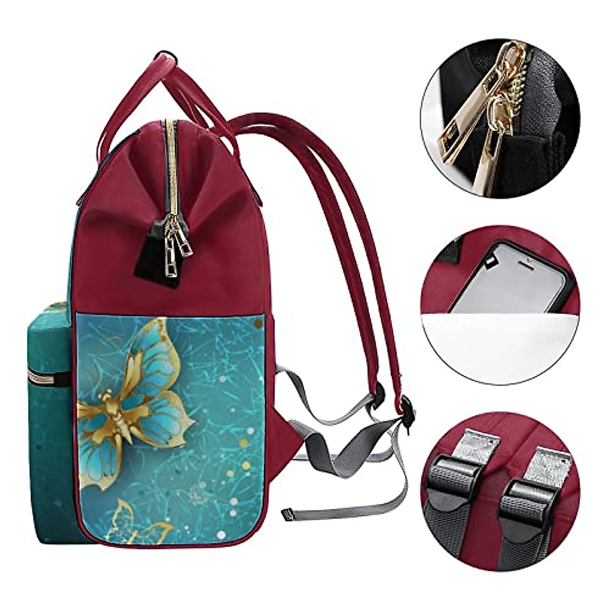 Luxury Gold Butterflies Diaper Bag Backpack Large Capacity Mommy Bags Multifunction Nappy Bag Travel Back Pack Red-Style