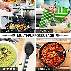 Pack of 4 Large Silicone Cooking Spatulas and Spoons, Slotted and Solid Stainless Steel Cooking Utensils Set, Non-stick Heat Resistant Kitchen for Baking, Fried, Stir-Fry, Mixing, Serving (Black)