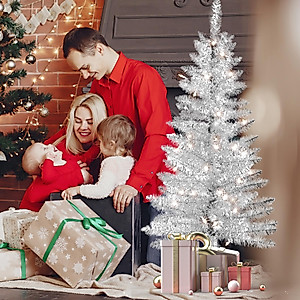 Liguanow 4ft Artificial Christmas Tree with Lights, Indoor & Outdoor Christmas Tree with 50 Warm White Lights, Xmas Pine Tree for Home Office Party Decor, Silver Tinsel