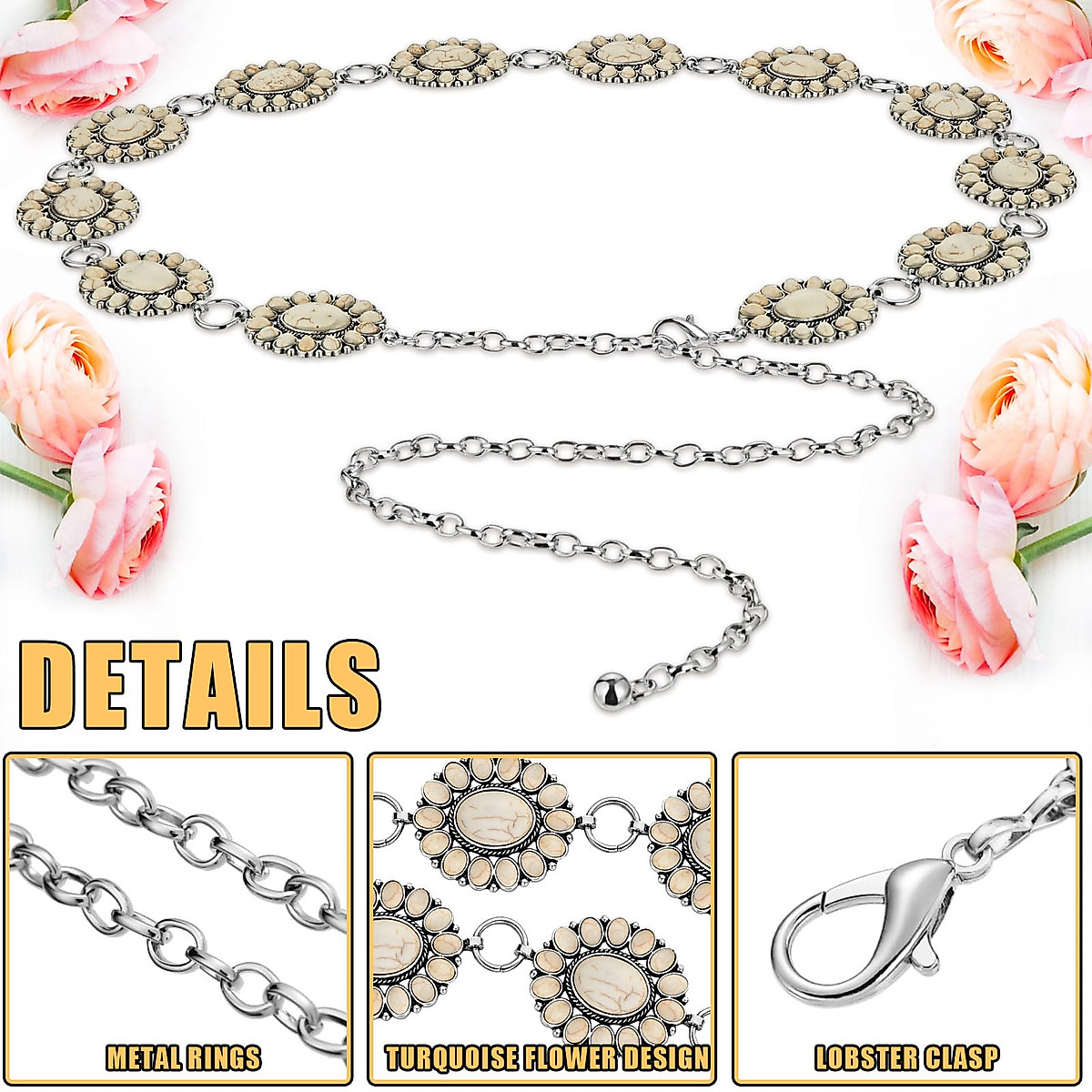 Sasylvia White Turquoise Concho Chain Belt Metal Western Waist Belts for Women Boho Belt Turquoise Drop Earrings (Classic Style)