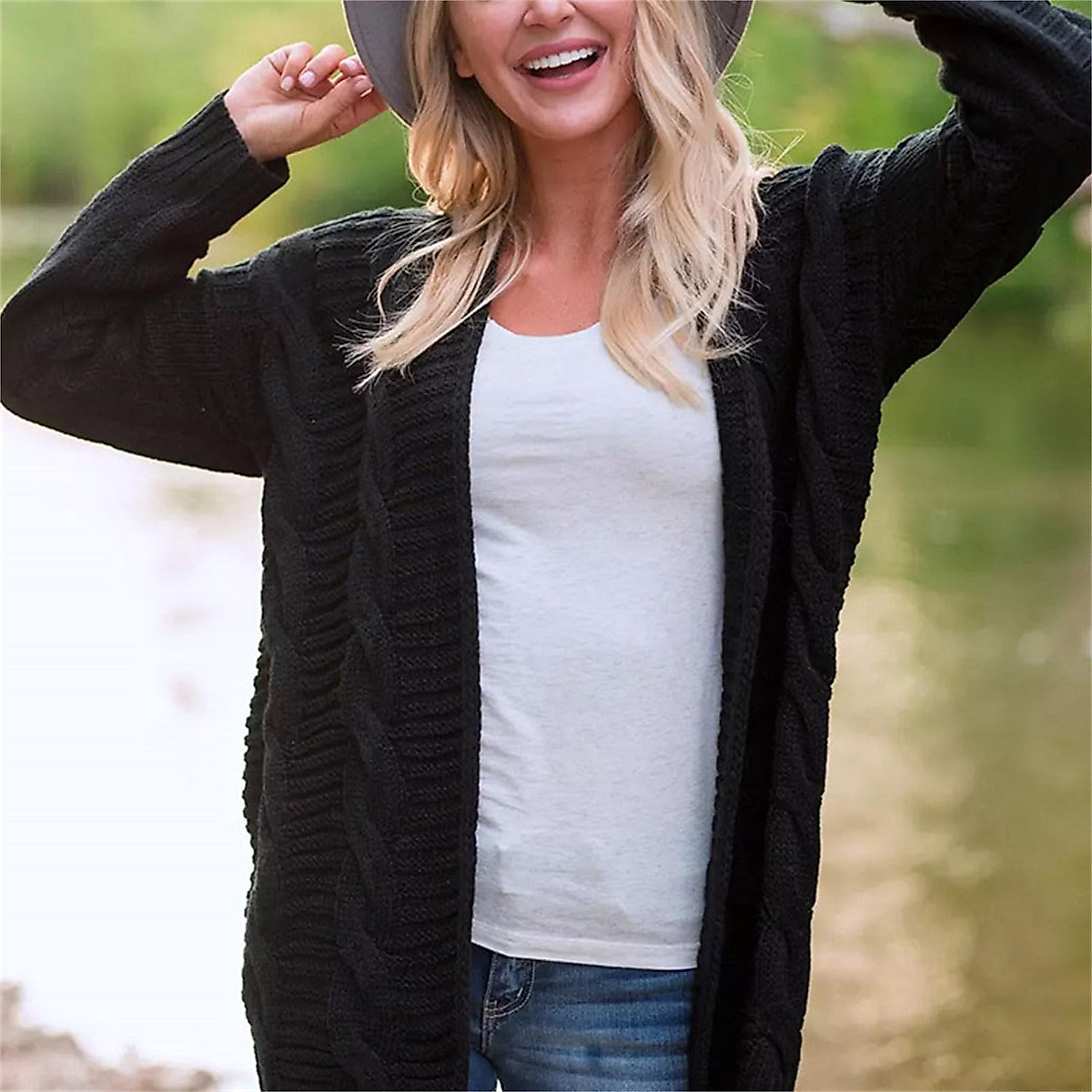 Today Deals Prime Long Cardigan for Women Oversized Sweater Solid Color Mid Length Coarse Sweater Sweater Women Cardigan (5-Black, M)