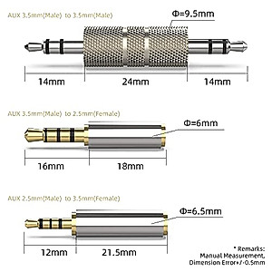 3.5mm Male to 2.5mm Female/2.5mm Male to 3.5mm Female Stereo Audio Adapter, and 3.5mm Male to Male Stereo Audio Connector Gold Plated Compatible for Smartphones, Headphones, Mic, Tablets (3-in-1 Pack)
