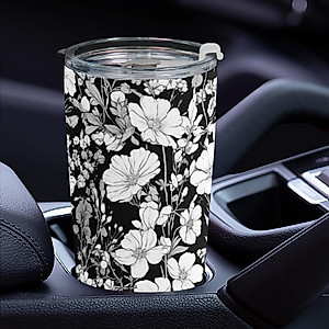 QWEUIOP 20oz Insulated Travel Coffee Mug Hand Drawn White Flowers Stainless Steel Tumbler with Lid Double Wall Vacuum Coffee Cup For Hot and Cold Drinks14494