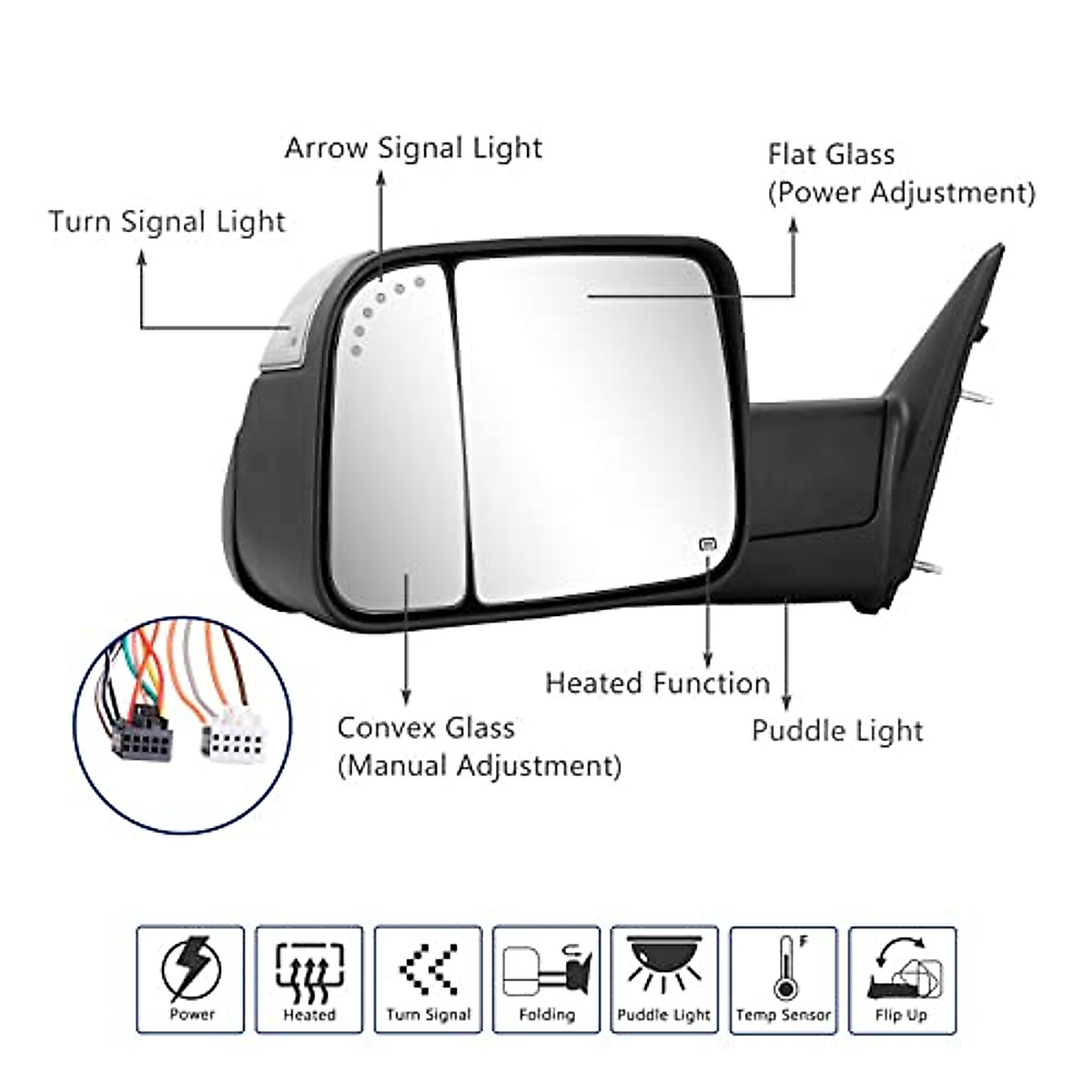 Towing Mirror for Dodge Ram - Replacement fit for 2009-2018 Dodge Ram 1500 2500 3500 Pickup Truck with Power Adjusted Glass Heated LED Turn Signal Light Puddle Lamp Temp Sensor Flip Up Pair Set