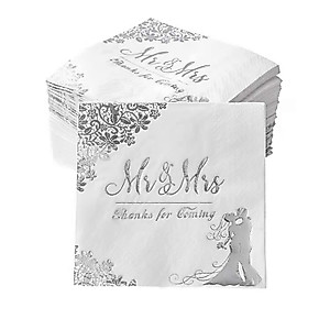 Silver 100 Pcs Wedding Napkins for Reception Mr and Mrs Wedding Cocktail Napkins, Disposable Napkins for Wedding, Engagement, Bridal Shower Party Decorations