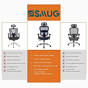 SMUG Ergonomic Large High Back Office Ergo3D Rolling Desk 4D Armrest,3D Lumbar Support,Adjustable Headrest,Breathable Mesh Computer Gaming Executive Swivel Chairs, Blue