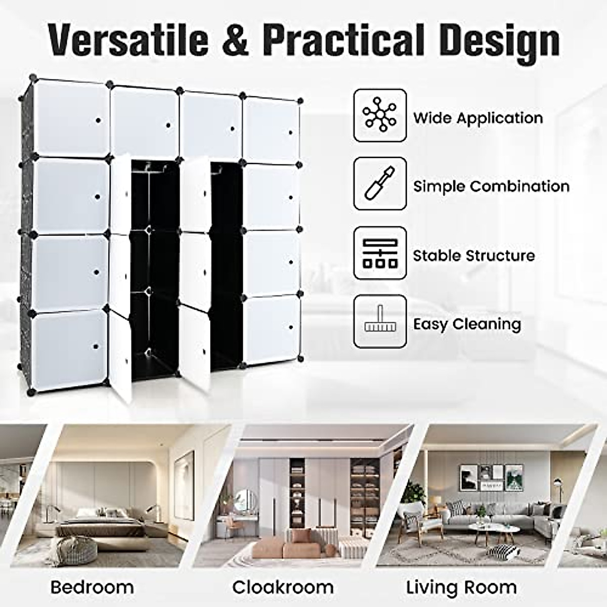 GOFLAME Portable Wardrobe Closet, 16-Cube Storage Organizer with 16 Doors & 2 Hanging Rods, Modular Clothes Dresser, Bedroom Armoire, Cube Shelf Cabinet for Clothes, Toys, Towels, Books, Tools