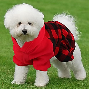 SAWMONG Fleece Dog Hoodie Dresses, Classic Plaid Hooded Puppy Dog Winter Clothes with D-Ring, Thermal Skirt Girl Doggie Vest Sweater Outfits Coat Cat Sweatshirt Apparel, Red and Black, XX-Small
