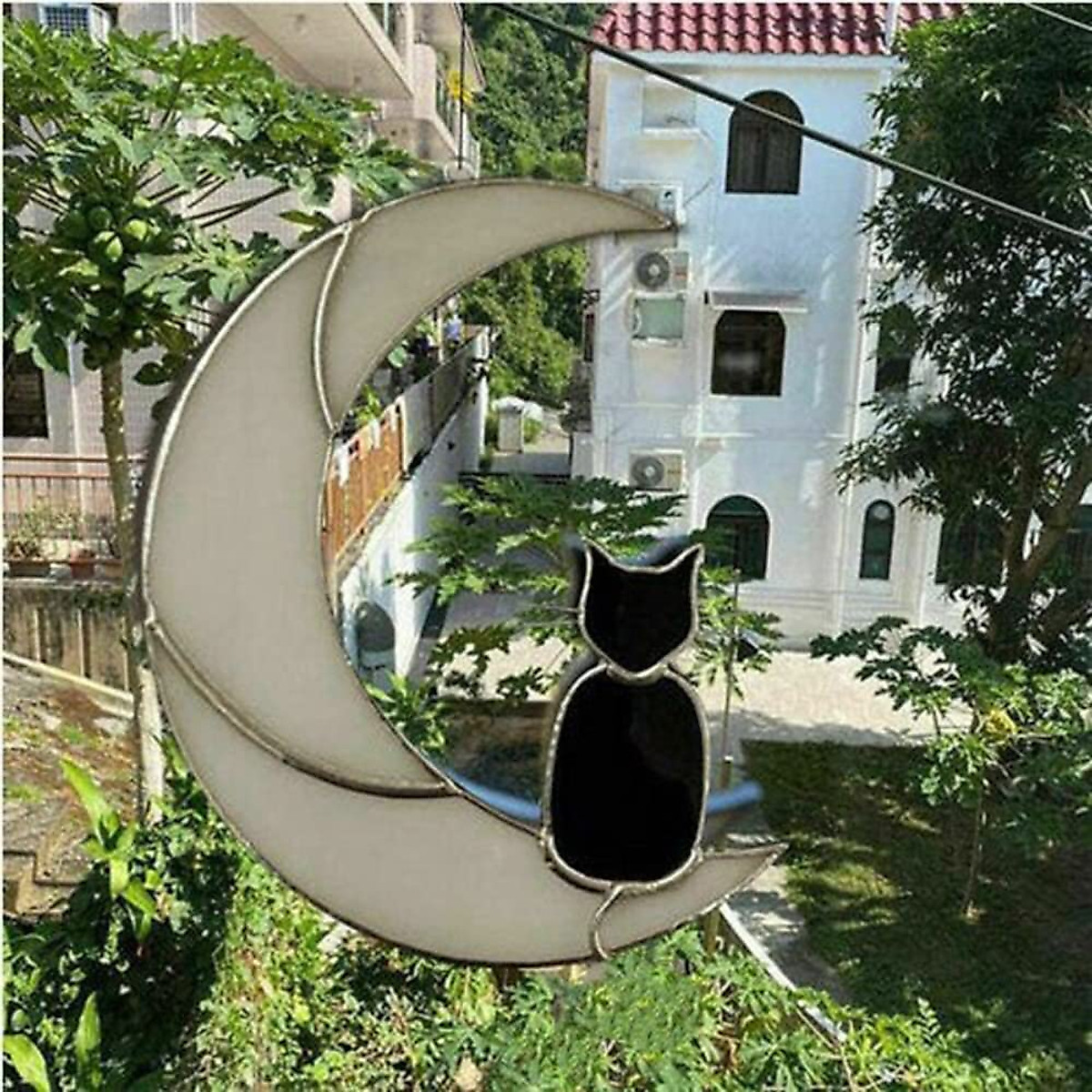 Black Cat Decor On White Moon, Stained Glass Window Hangings, Cat Suncatcher Window Panels Hangings Sun Catcher Ornament Decoration for Wall Home Garden Decor Bird cat, Gift for cat Lovers (Orange)