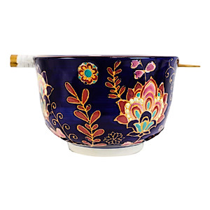 Ebros Midnight Purple Mandala Purple Floral Blossoms Ramen Udon Noodles Large 6.25"D Soup Bowl With Bamboo Chopsticks And Built In Rest Set for Asian Dining Rice Meal Bowls Decor Kitchen