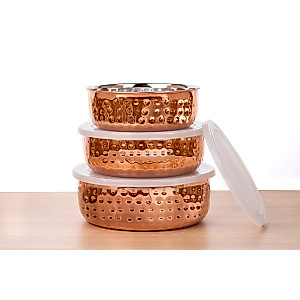 SIGNORA WARE Signoraware Food Storage Bowls - Copper Plated Stainless Steel Stackable Storage Bowl Set with airtight Lids, 3 pc Multi Size Set