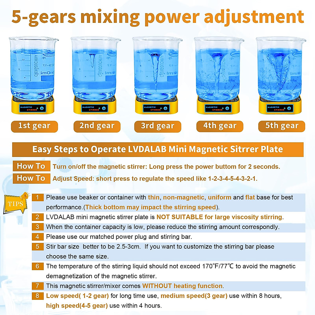 LVDALAB Magnetic Stirrer, Mini Magnetic Stir Plate with 4 Pcs Stir Bars and 1Retriever, 3000RPM Magnetic Stirrer Mixer Lab Stirrers, Max Capacity 2000ml, Brushless DC Motor 5 Gear Speed-Yellow