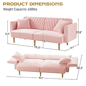 Nolohoo Velvet Futon Sofa Bed, Futon Couch, Small Sofa 75.3" Upholstered Comfy Loveseat Sleeper Sofa with Adjustable Armrests, Mid Century Couches for Living Room, Bedroom, Pink, Velvet