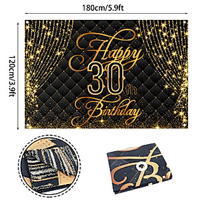 Happy 30th Birthday Banner Backdrop Royal Curtain Decorations Black Gold Background 30 Years Old Bday for Women Men Photography Party Decor Supplies