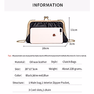 Vintage Genuine Leather Women Clip Bag Kiss Lock Clutch Purse Chain Crossbody Bags Small Evening Bags (Wine Red)