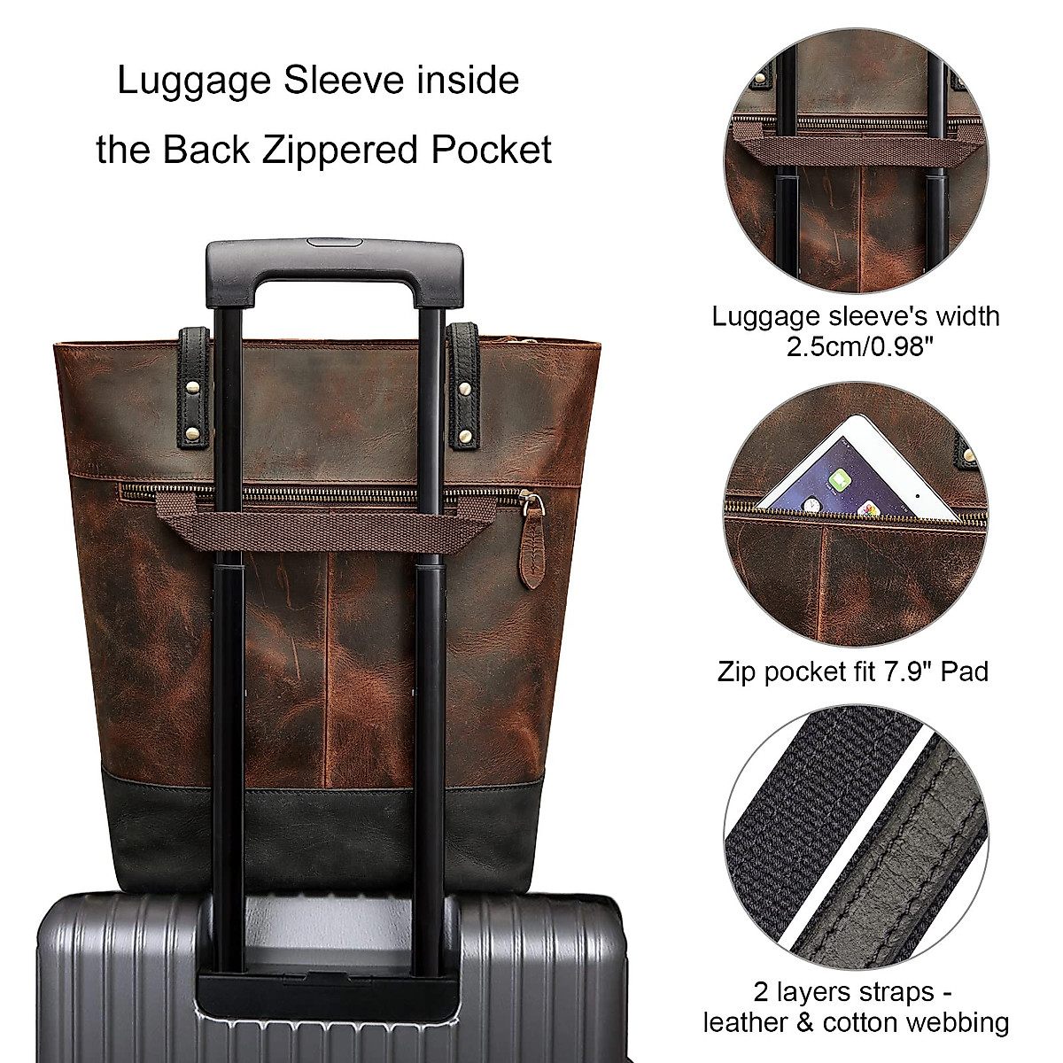 S-ZONE Leather Tote Bag for Women Genuine Leather Shoulder Purse Vintage Handbag Two Tone with a Luggage Sleeve