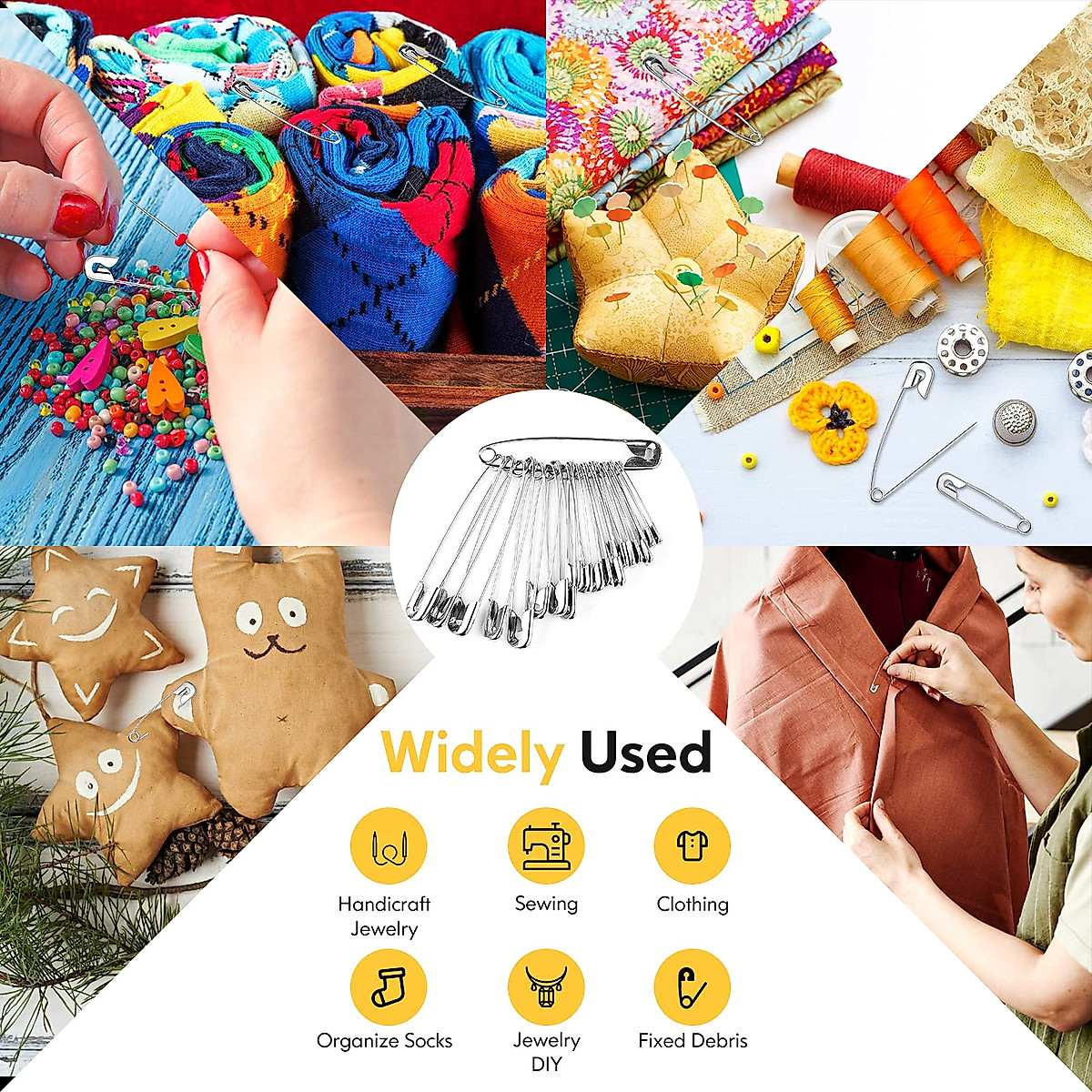 Safety Pins Assorted, 340 PCS Nickel Plated Steel large Safety Pins Heavy Duty, 5 Different Sizes Safety Pin, Safety Pins Bulk, Small Safety Pins for Pinning, Sewing, Jackets, Clothes, Crafts (Silver)