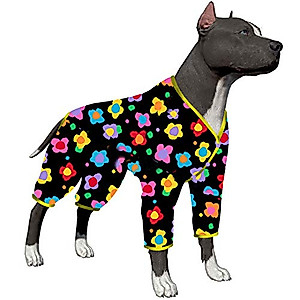 LovinPet Clothes For Labrador Pajama - Anxiety Calming Shirt,Anti Licking Dog Pajamas, Lightweight Fabric, Vintage Happy 2 Quilted Multi Print, Large Dog Pjs, All Season wear Dog Pj's,Black Yellow 3XL