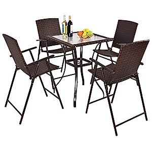 Tangkula 5 Pieces Patio Dining Set, 4 Folding Wicker Sling Chairs and Square Glass Top Table Set, with Umbrella Hole, Suitable for Apartment Balcony, Lawn, Garden and Poolside