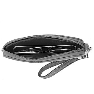 SILVERFEVER Leather Eyeglass Glasses Case with Wristlet Handle, Padded (Navy)