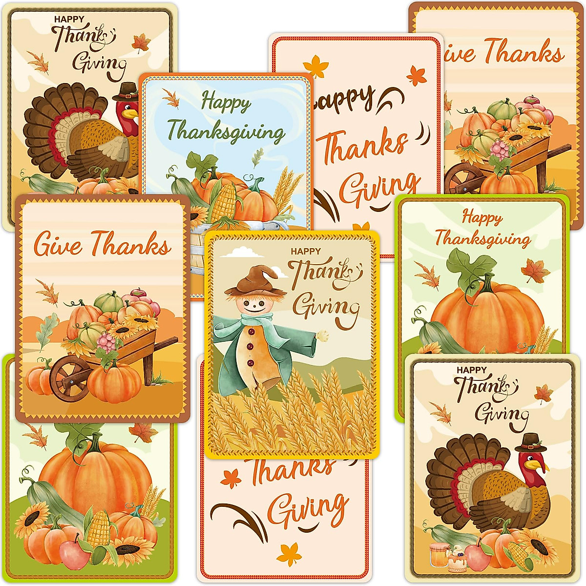 WorldBazaar Thanksgiving Greeting Cards with Envelopes 24PCS Watercolor Thanksgiving Day Pumpkin Turkey Cards Fall Autumn Thanksgiving Party Supplies