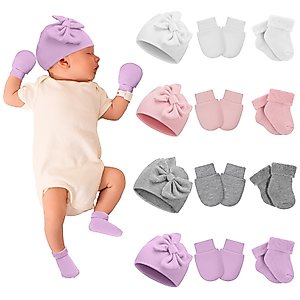 Toulite 4 Pack Preemie Hats and Socks Set Cotton Warm Bow Knot Preemie Caps,Mittens and No Scratch Preemie Warm Socks (Pink,white,purple,gray)