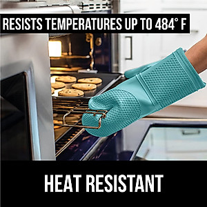 Gorilla Grip Manual Can Opener and Silicone Oven Mitts, Manual Can Opener Includes Built In Bottle Opener, Oven Mitts are 14.5 Inch, Both in Turquoise Color, 2 Item Bundle