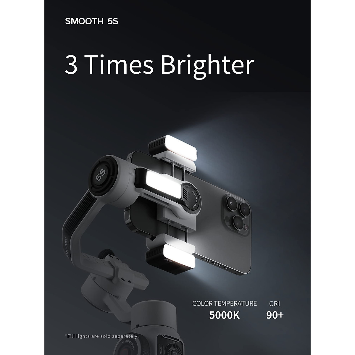 Zhiyun Smooth 5S Phone Gimbal, 3-Axis Smartphone Stabilizer with Built-in and Magnetic Fill Light, AI Face Tracking for iPhone and Android, YouTube TikTok Video, Gray Combo
