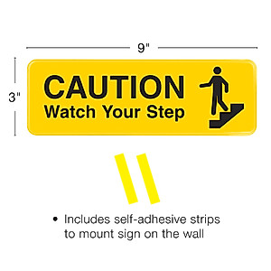 Excello Global Products Caution Watch Your Step Sign: for Business Restaurants Offices Indoor Outdoor Use Easy to Mount Informative Plastic Sign with Symbols 9” x 3”, Pack of 3 (Yellow)