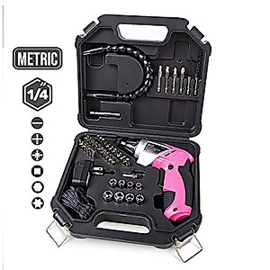Apollo Tools Lightweight Cordless Screwdriver Set Includes Rechargeable 3.6 Volt Li-ion Screwdriver and 45 Piece Accessory Set in Black Carrying Case- Pink Ribbon- Pink - DT4944P